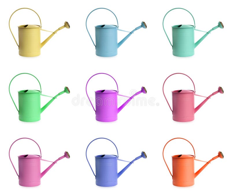 Set with Different Watering Cans on White Background Stock Photo ...