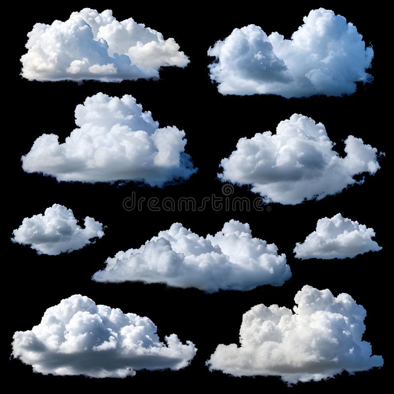 Set of Different White Clouds Isolated on Black Background Stock Image ...
