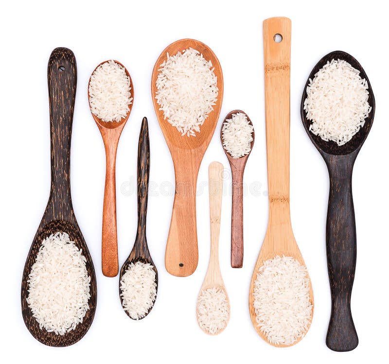 Set of Different Wooden Spoons with White Rice Stock Image - Image of ...