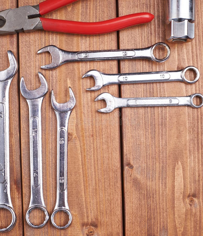 Set of Different Work Tools on Wooden Surface Stock Image - Image of ...