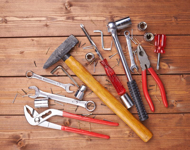 Set of Different Work Tools on Wooden Surface Stock Image - Image of ...