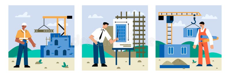 Set of Different Workers Build House. Foreman with Clipboard and ...