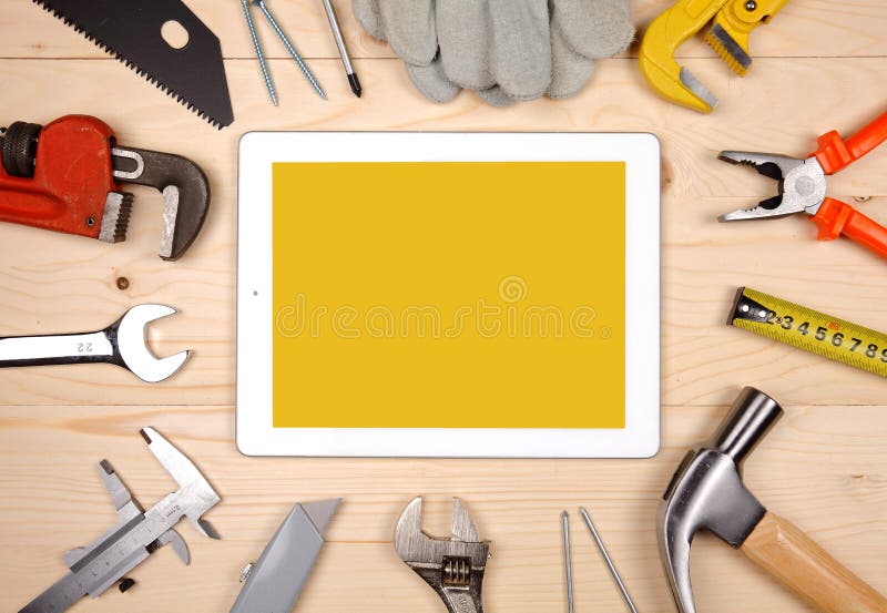 Set of Different Working Tools with Tablet Stock Image - Image of ...