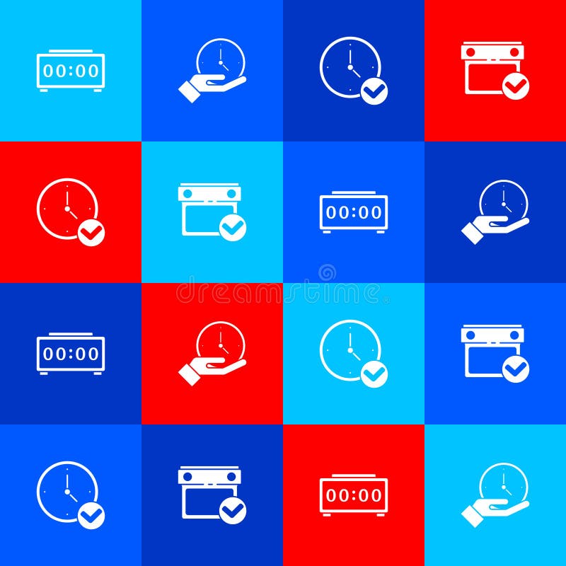 Set Digital Alarm Clock, Clock, and Calendar with Check Mark Icon ...