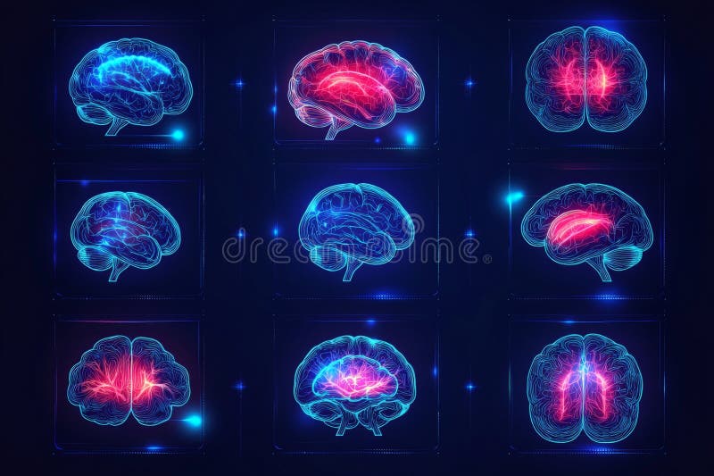 Set of Digital Brain Scans with Different Glowing Neural Patterns and ...