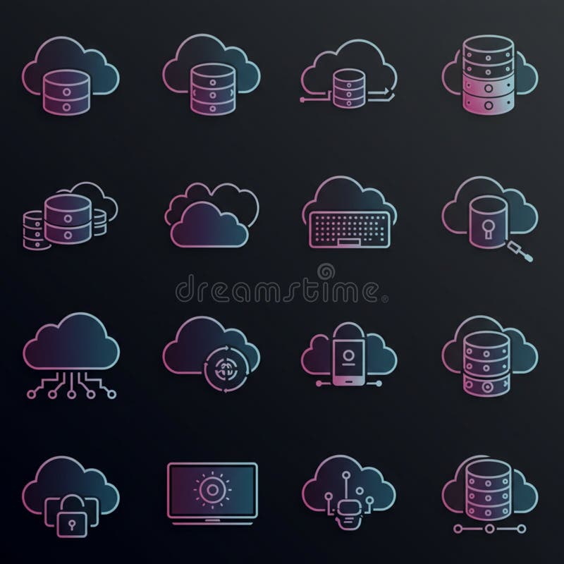 Set of Digital Cloud Computing Icons on a Dark Background. Icons ...