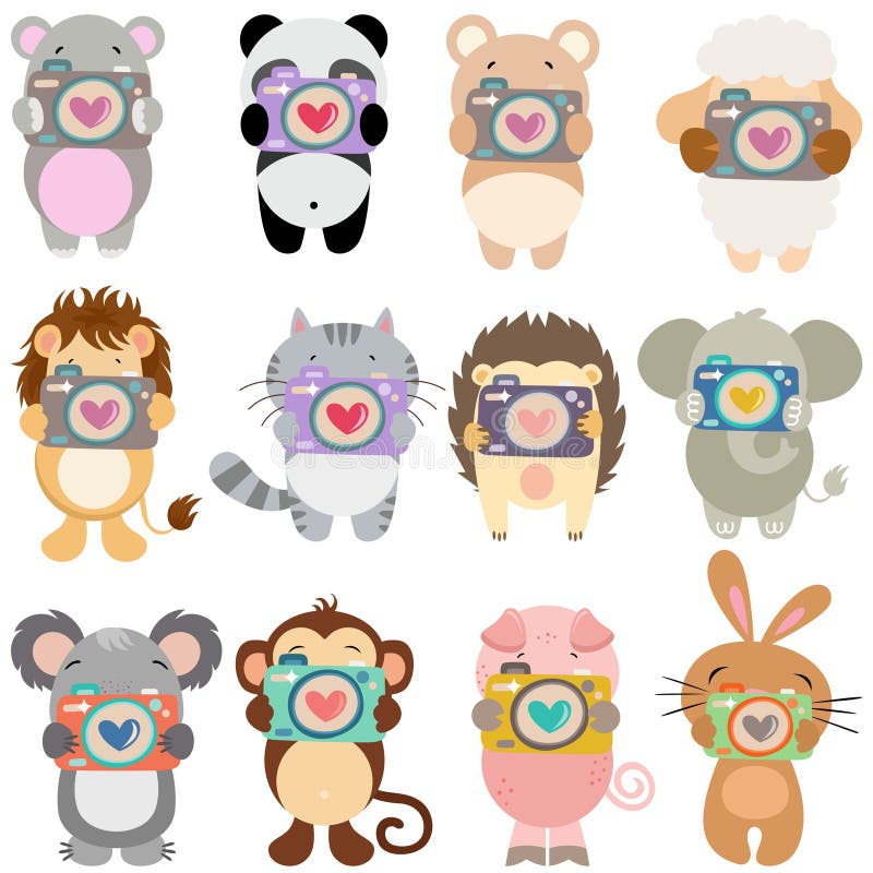 Set Digital Collage of Cute Animals with a Camera Stock Vector ...