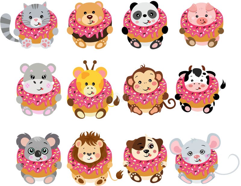 Set Digital Collage of Cute Animals Inside a Delicious Donut Stock ...