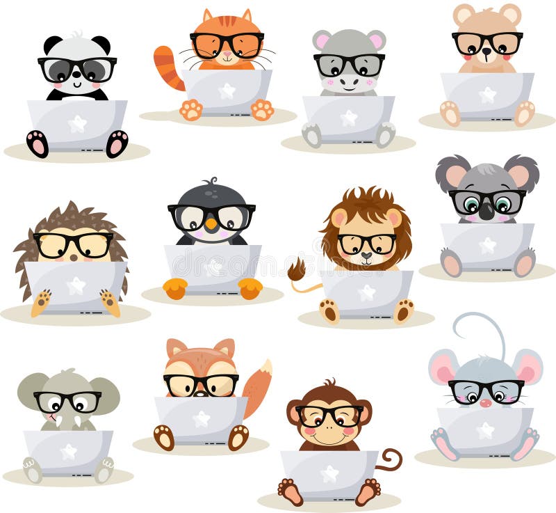 Set Digital Collage of Cute Animals Working with Laptop Stock ...