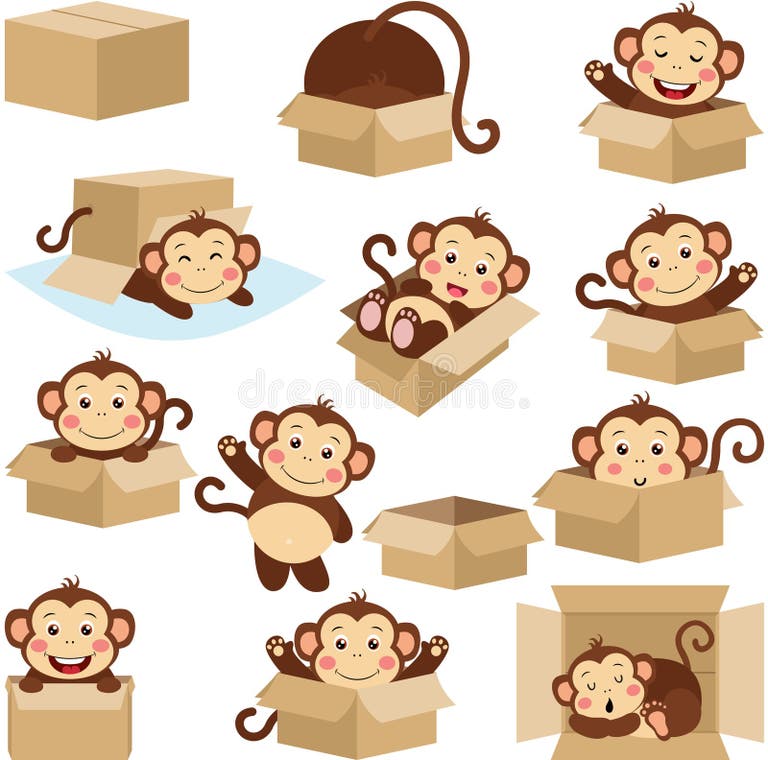 Set Digital Collage of Cute Monkey in Cardboard Box Stock Vector ...