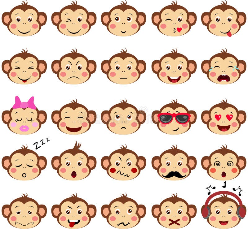 Set Digital Collage of Cute Monkey Face with Different Expressions ...