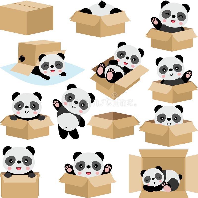 Set Digital Collage of Cute Panda in Cardboard Box Stock Vector ...