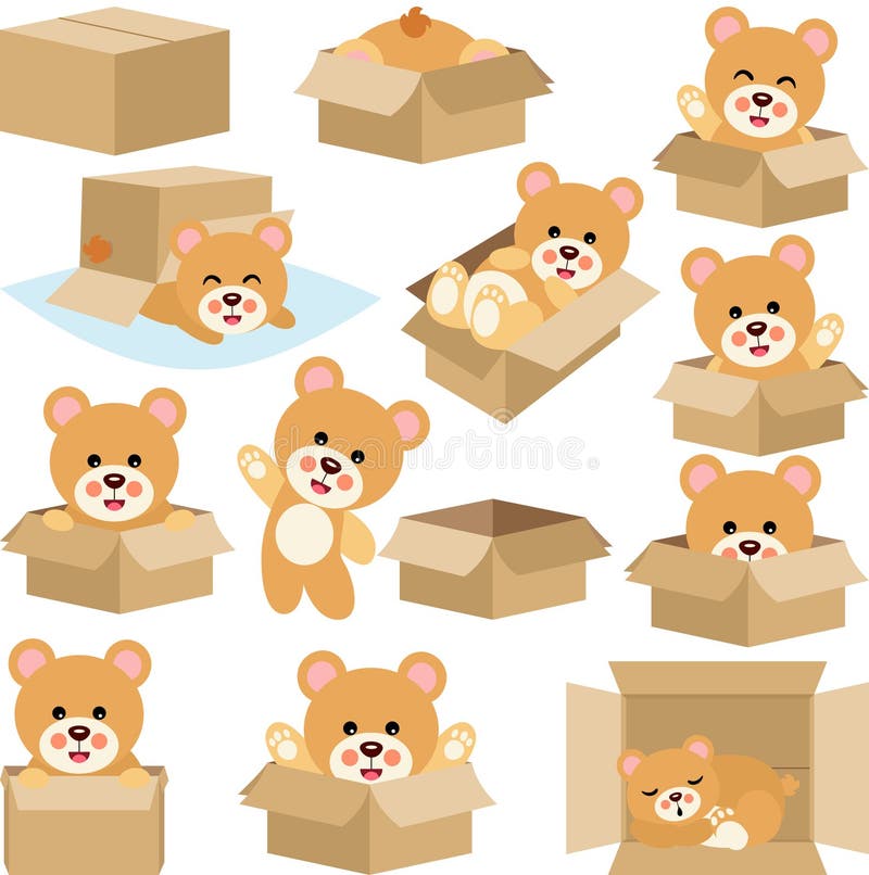 Set Digital Collage of Cute Teddy Bear in Cardboard Box Stock Vector ...