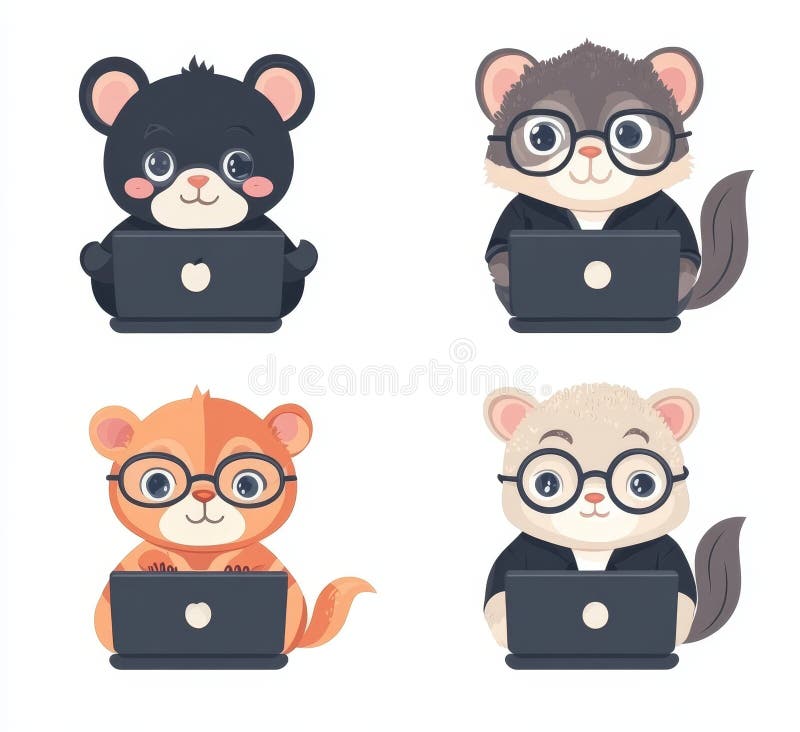 The Set of Digital Collage Features Cute Animals Using a Laptop for ...