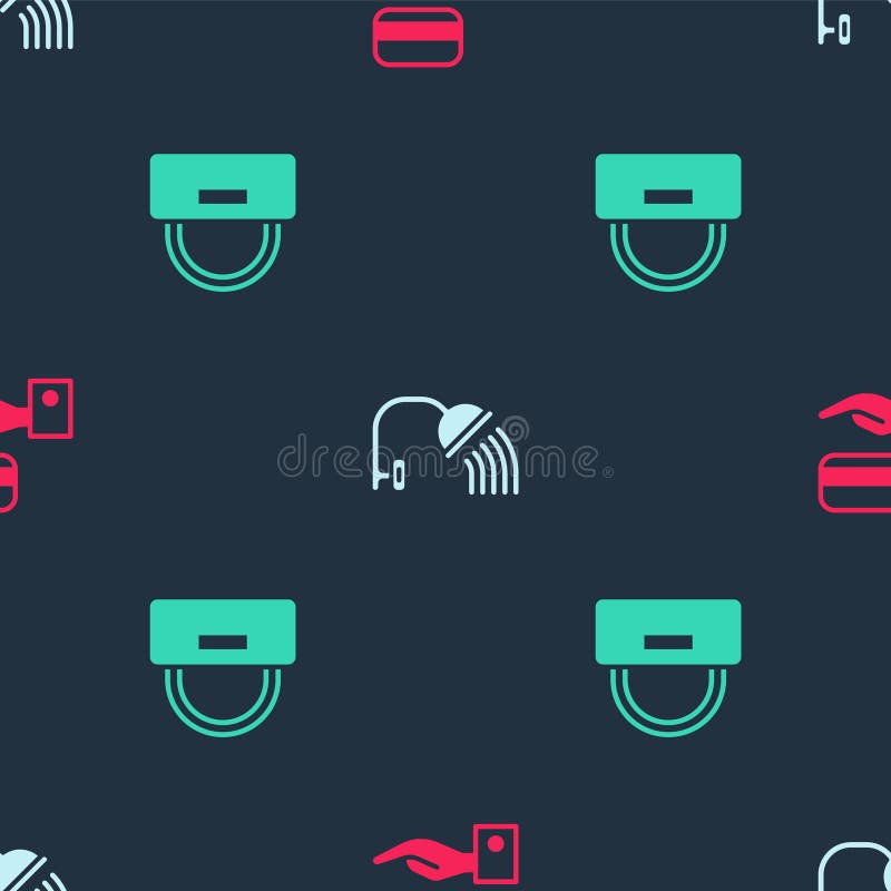 Set Digital Door Lock, Shower Head and Bellboy Hat on Seamless Pattern ...