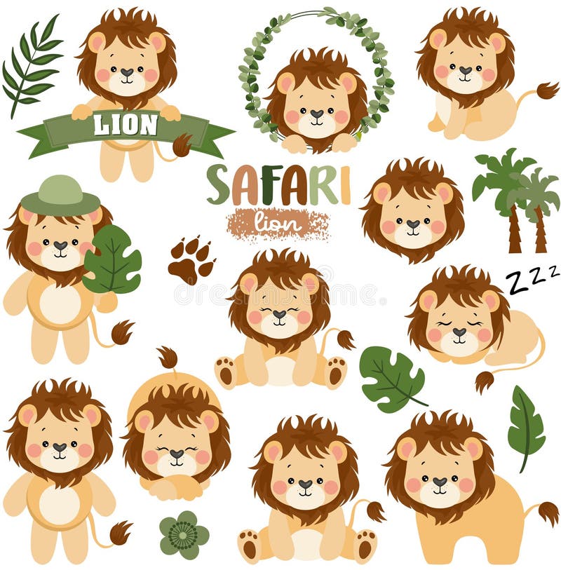 Set of Digital Elements with Cute Safari Explorer Lion Stock Vector ...