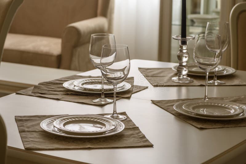 Set of Dinner Tableware on Table Stock Image - Image of wineglasses ...