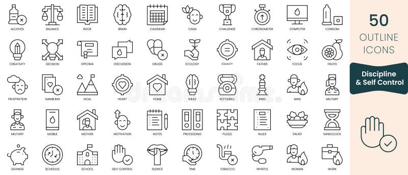 Set of Discipline and Self Control Icons. Thin Linear Style Icons Pack ...