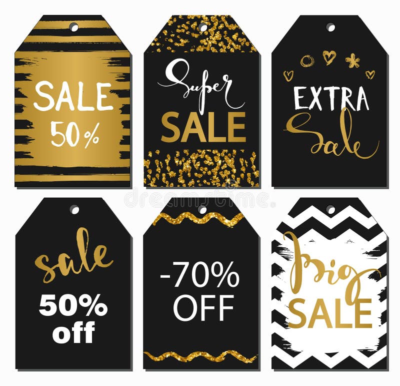 Set of Discount Tags in Black, Gold and White. Vector Illustration ...