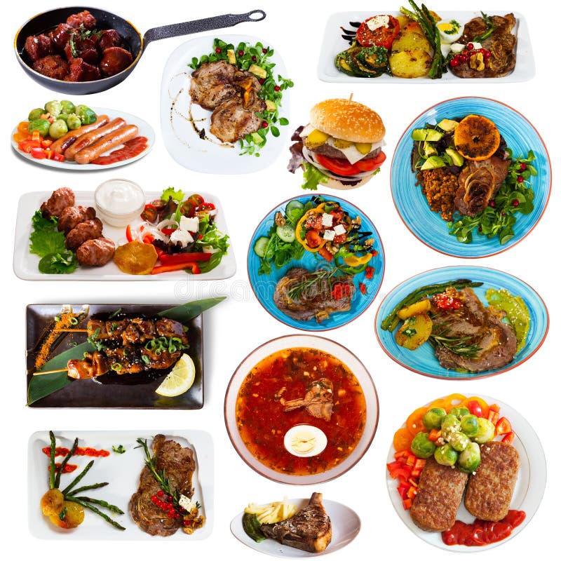 Set of Dishes with Cooked Fried Pork and Beef with Different Vegetables ...