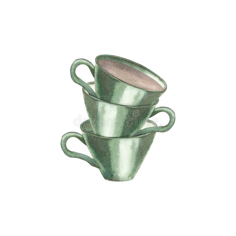 A Set of Dishes, Cups for Hot Drinks of Green Color. a Stack of Three ...
