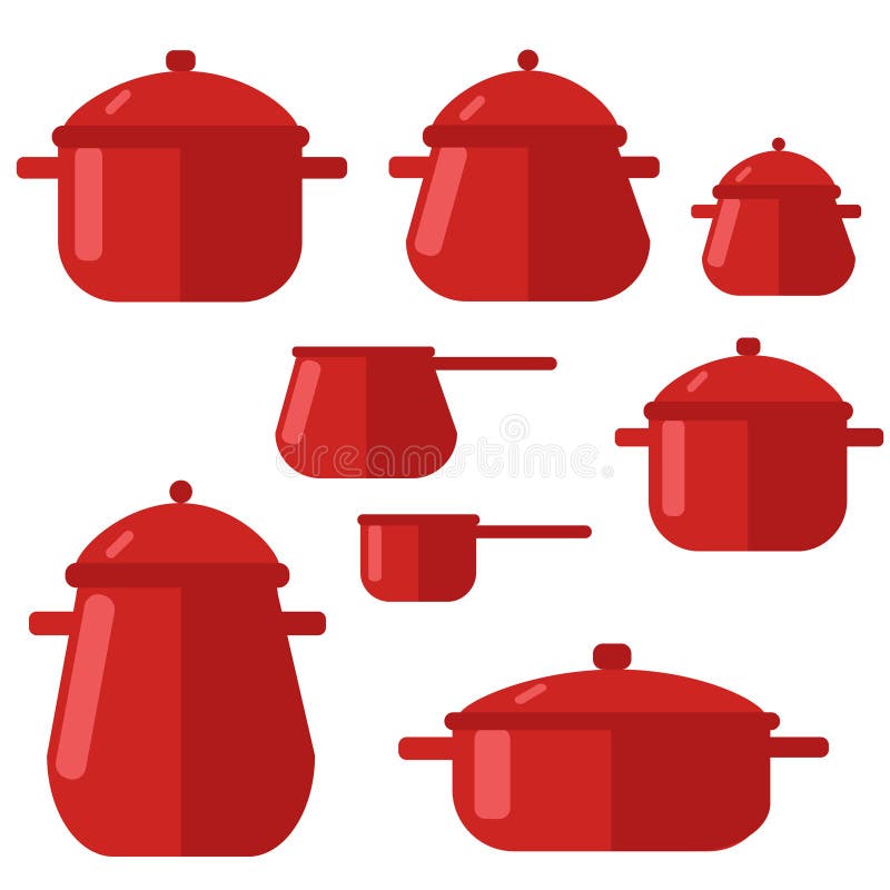Set of Dishes Flat Red Pan Vector Stock Vector - Illustration of vector ...