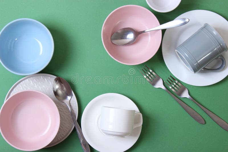 Set of Dishes and Kitchen Utensils Top View. Stock Photo - Image of ...