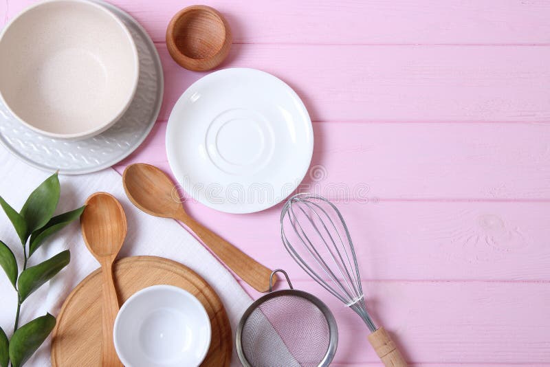 Set of Dishes and Kitchen Utensils Top View. Stock Photo - Image of ...