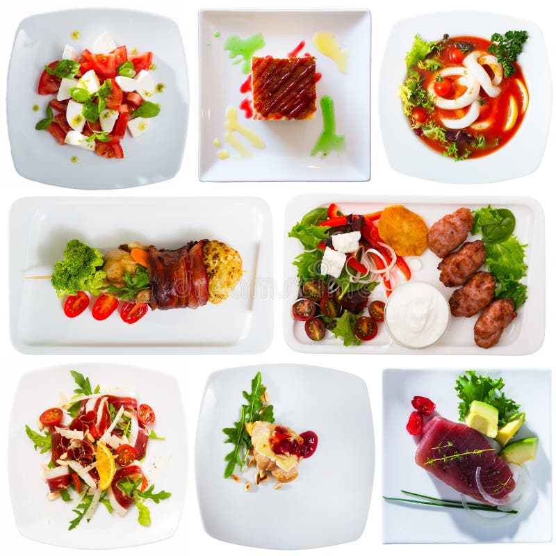 Set of Dishes on Square Plates Stock Photo - Image of garnished ...