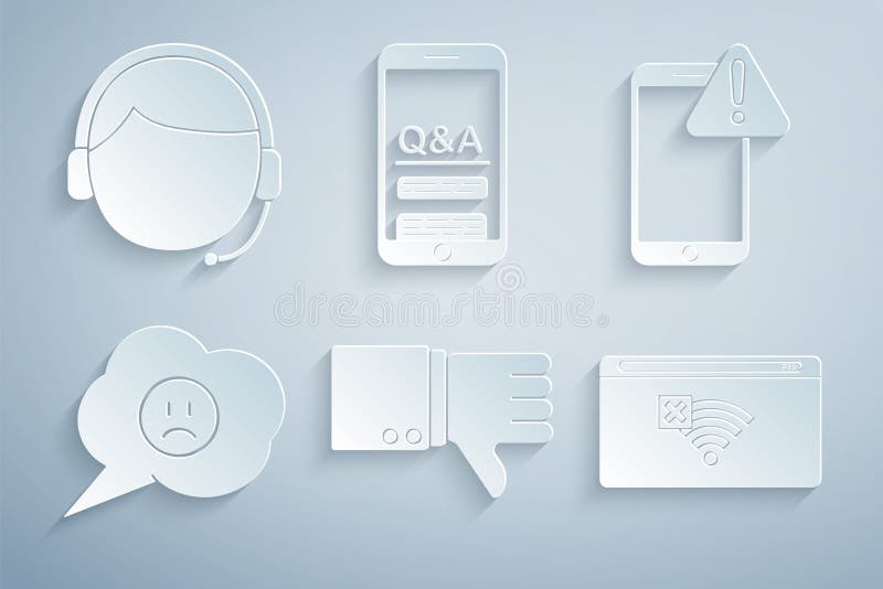 Set Dislike, Mobile with Exclamation Mark, Speech Bubble Sad Smile, No ...