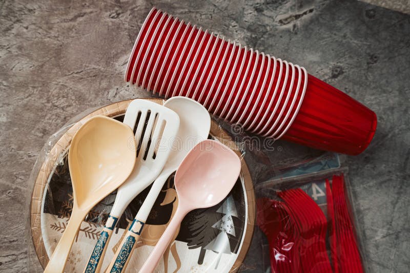Set of Disposable Dinnerware for Serving at a Party Stock Photo - Image ...