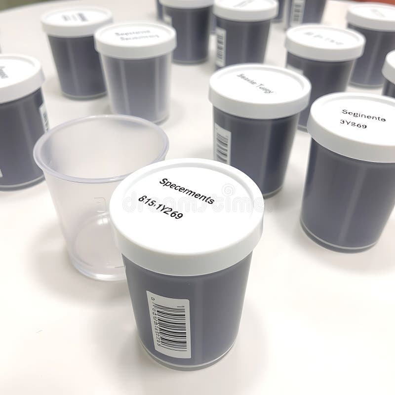 A Set of Disposable Specimen Collection Cups with Labeled Lids on a ...