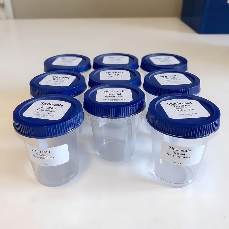 A Set of Disposable Specimen Collection Cups with Labeled Lids on a ...