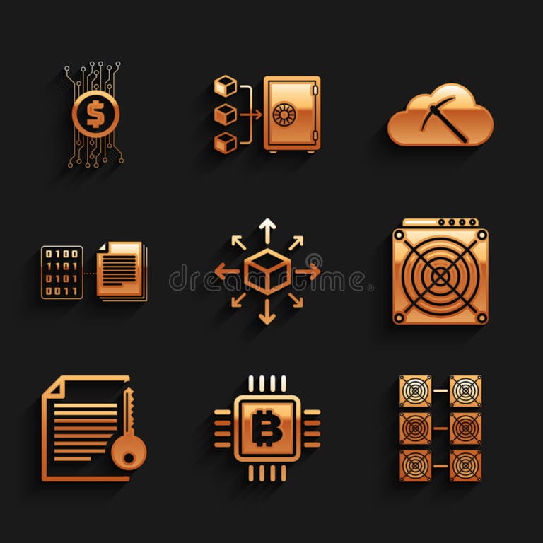 Set Distribution, CPU Mining Farm, Mining, ASIC Miner, Smart Contract and Icon. Vector Stock ...
