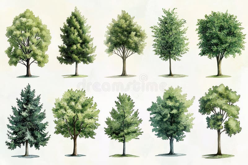 Set of Diverse Green Trees. Various Tree Types Displayed on White ...