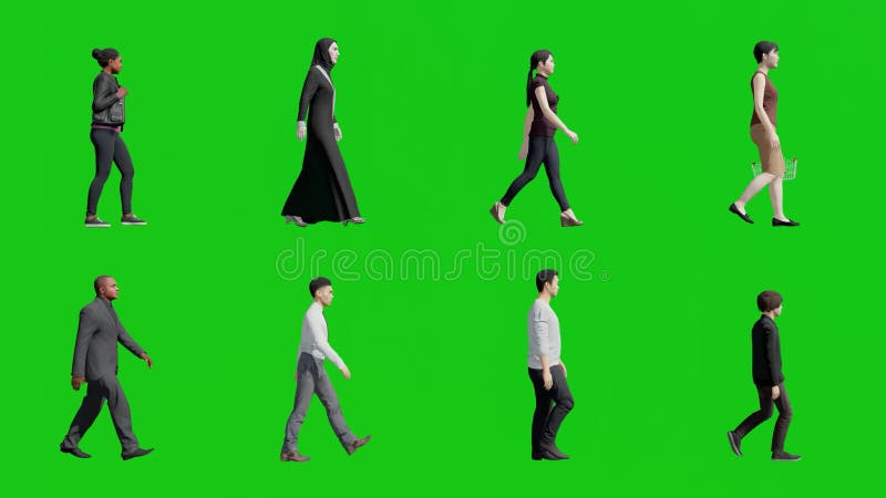 Set of Diverse People Walking in Side View 3D Animation on Green Screen ...