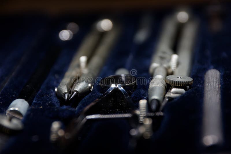 Set of Divider, Compass Inside a Box Stock Photo - Image of table ...