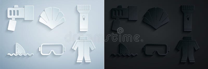 Set Diving Mask, Flashlight, Shark Fin Ocean Wave, Wetsuit, Scallop Sea ...