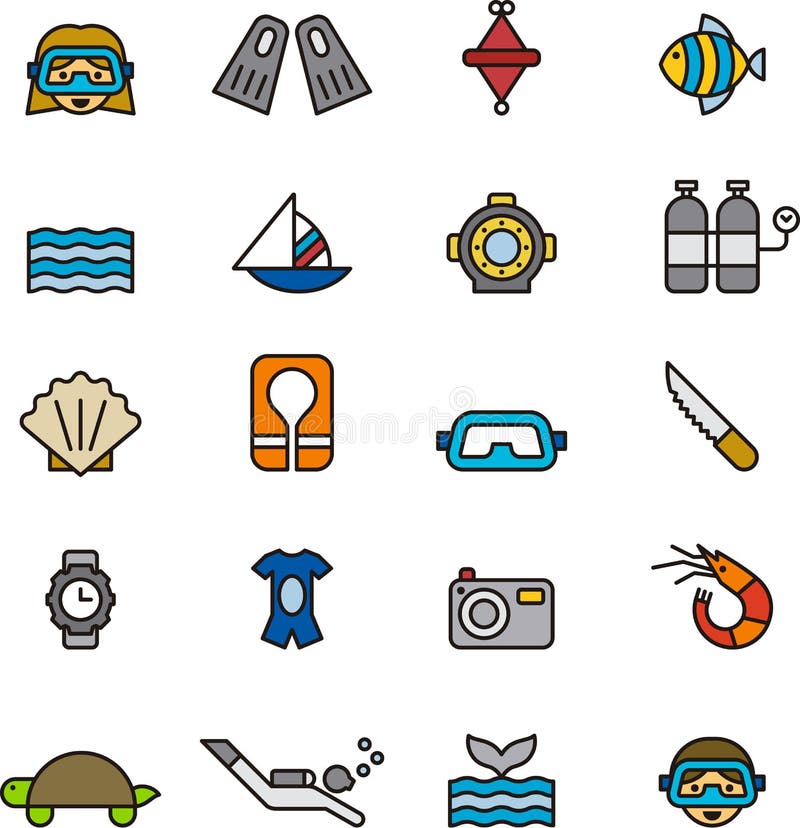 Set of Diving Related Icons Stock Vector - Illustration of shell ...