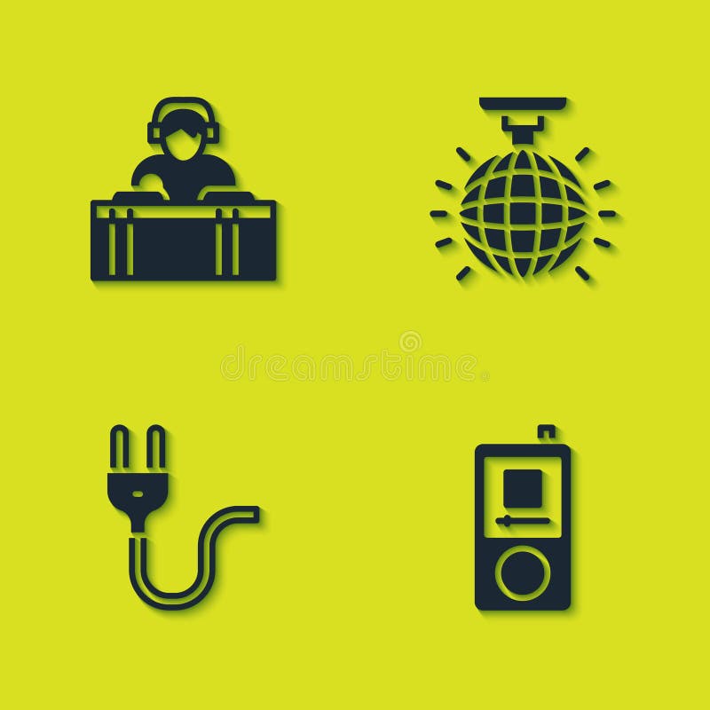 Set DJ Playing Music, Music Player, Electric Plug and Disco Ball Icon ...