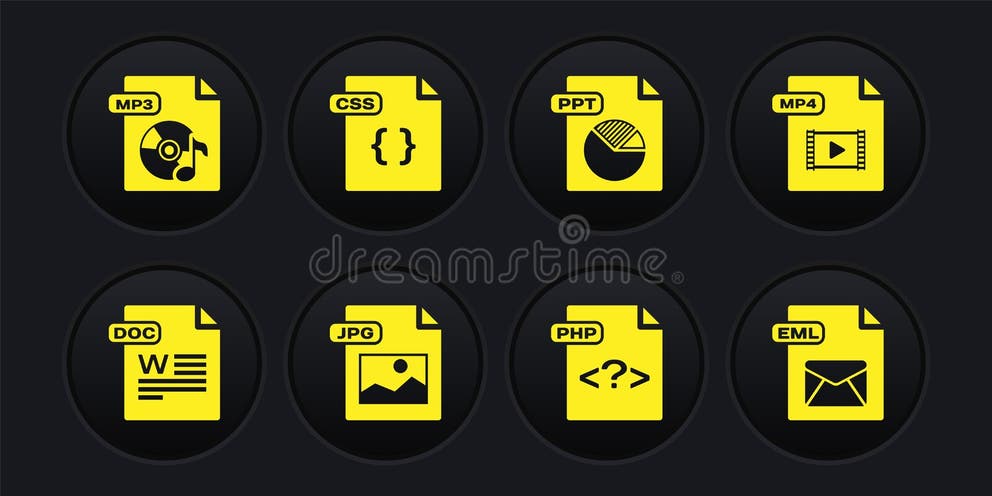 Set Doc File Document Mp4 Jpg Php Ppt Css Eml Y Mp3 Icono. Vector Ilustración del Vector ...