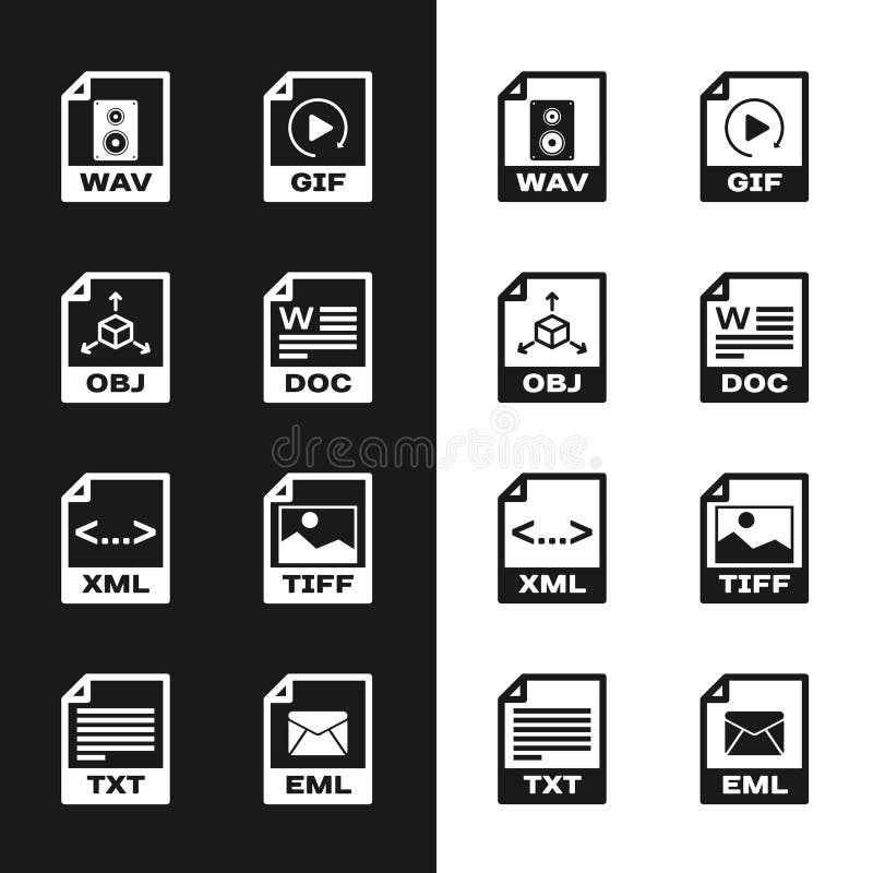 Set DOC File Document, OBJ, WAV, GIF, XML and TIFF Icon. Vector Stock ... Set DOC File Document, OBJ, WAV, GIF, XML and TIFF Icon. Vector Stock ...