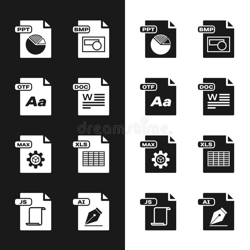 Set DOC File Document, OTF, PPT, BMP, MAX, XLS, AI and JS Icon. Vector ... Set DOC File Document, OTF, PPT, BMP, MAX, XLS, AI and JS Icon. Vector ...