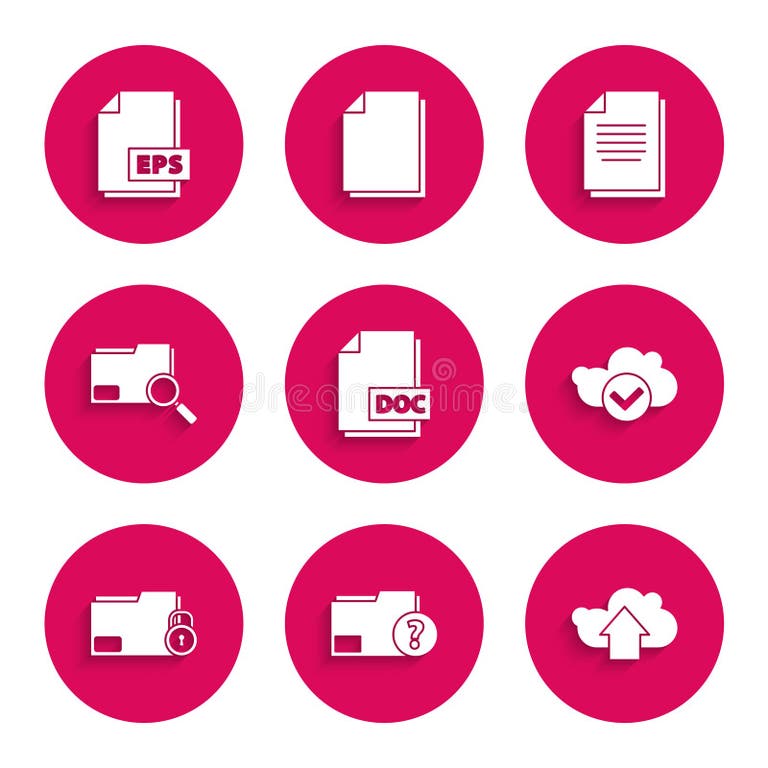 Set DOC File Document, Unknown Folder, Cloud Upload, with Check Mark, Folder and Lock, Search ...