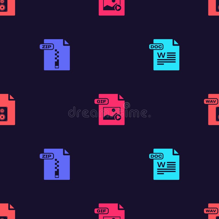 Set DOC File Document, ZIP, GIF and WAV on Seamless Pattern. Vector ...