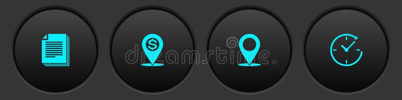 Set Document, Cash Location Pin, Map and Clock with Arrow Icon. Vector ...