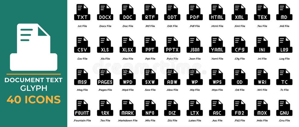 Set of Document File Text Icons Glyph Style. Pdf, Csv, Ppt, Doc ...