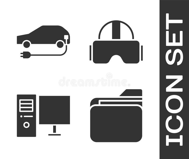 Set Document Folder, Electric Car, Computer Monitor and Virtual Reality ...