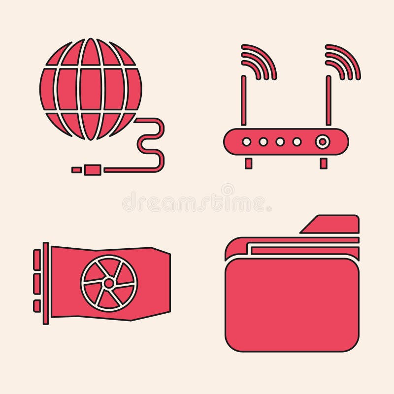 Set Document Folder, Social Network, Router and Wi-fi Signal and Video ...