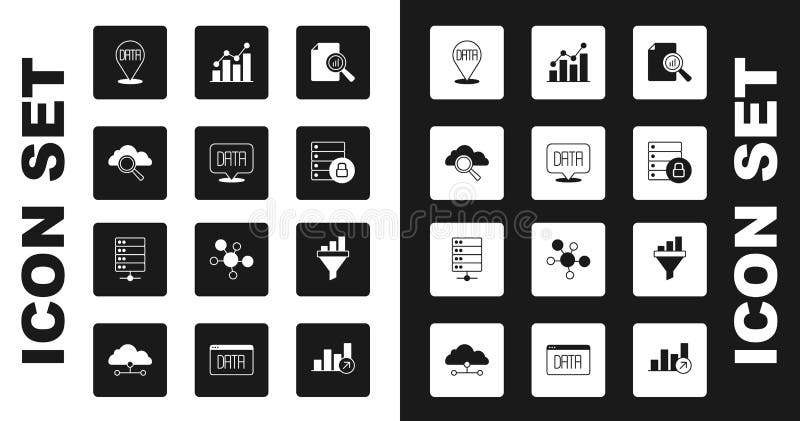 Set Document with Graph Chart, Data Analysis, Search Cloud Computing, Server Security Padlock ...